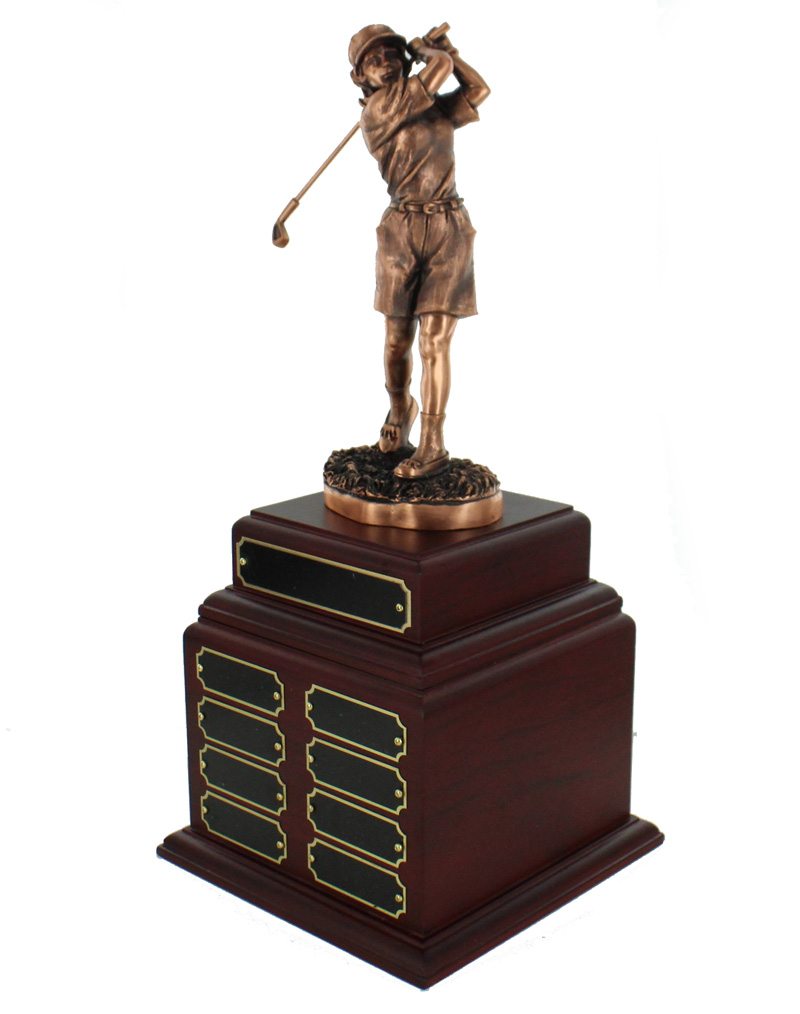 PERPETUAL FEMALE GOLF TROPHY DOUBLE ROSEWOOD BASE, 32 NAME PLATES