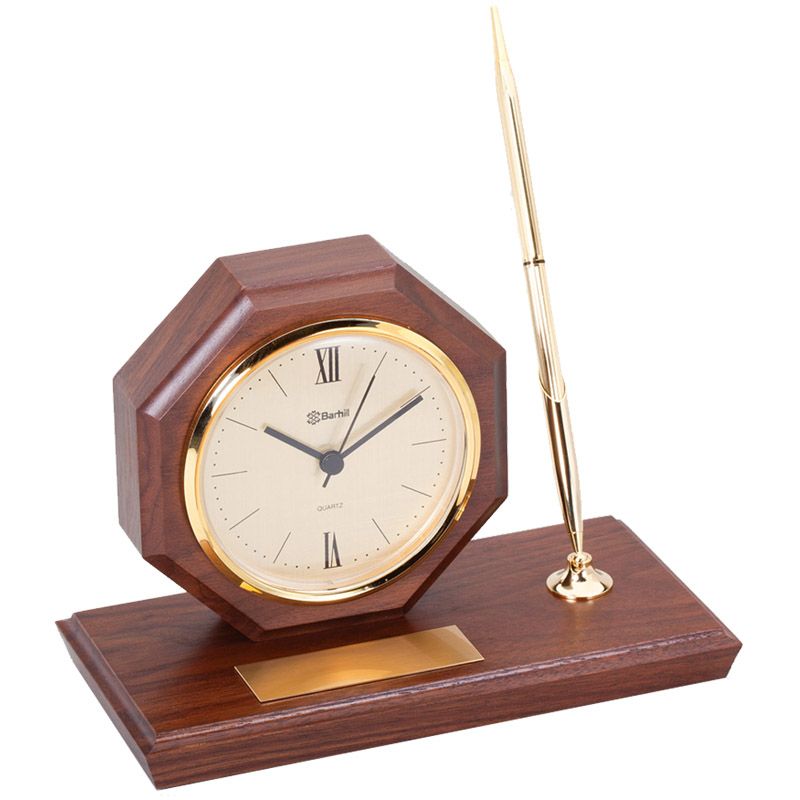 QUARTZ DESK CLOCK WITH TWO METAL PENS AND BRASS ENGRAVING PLATE