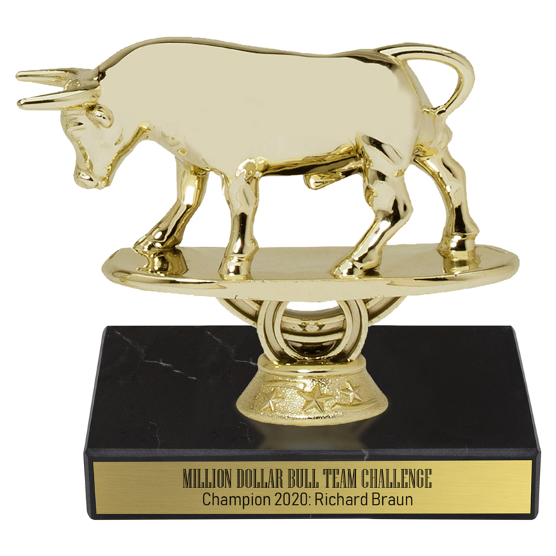 6-3/4 INCH RAGING BULL ANIMAL GOLD TROPHY ON BLACK MARBLE BASE