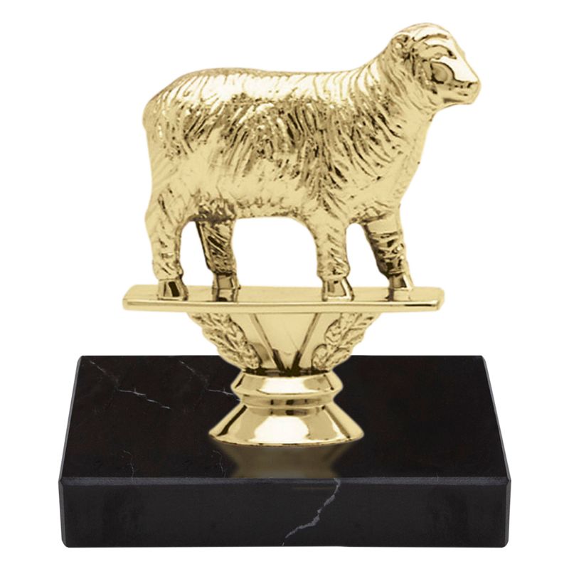 5-1/2 INCH SHEEP ANIMAL GOLD TROPHY ON BLACK MARBLE BASE