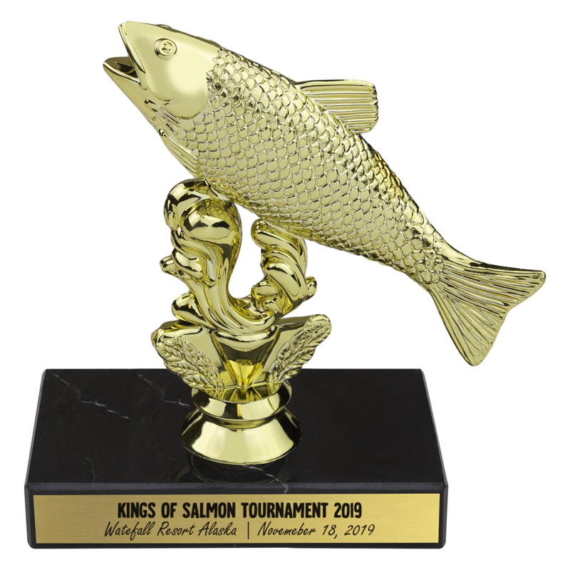 6-1/2 INCH SALMON ANIMAL GOLD TROPHY ON BLACK MARBLE BASE