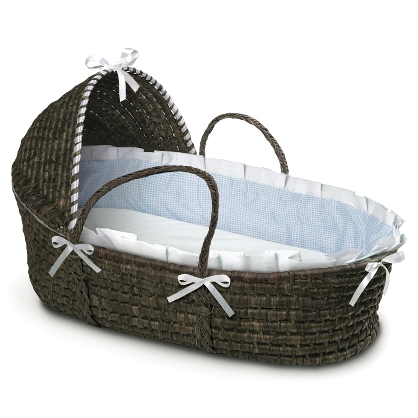 Badger Basket Espresso Moses Basket with Hood and Blue Gingham Bedding ...
