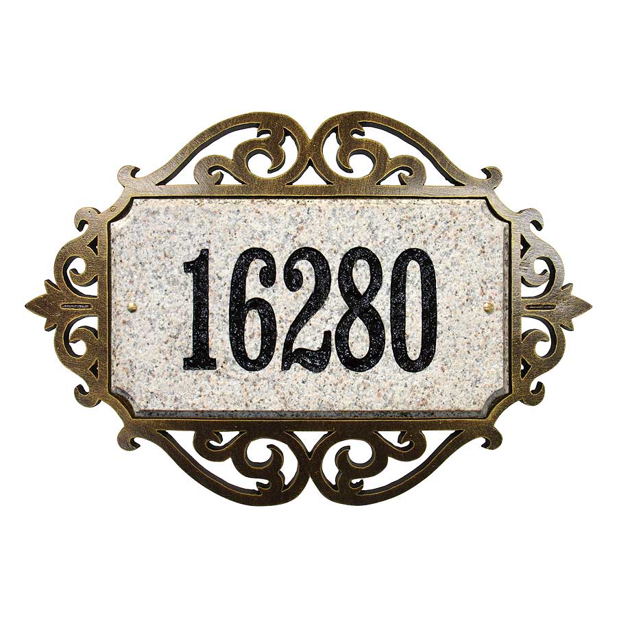 Solid Granite Address Plaque with Bronze Scroll Frame