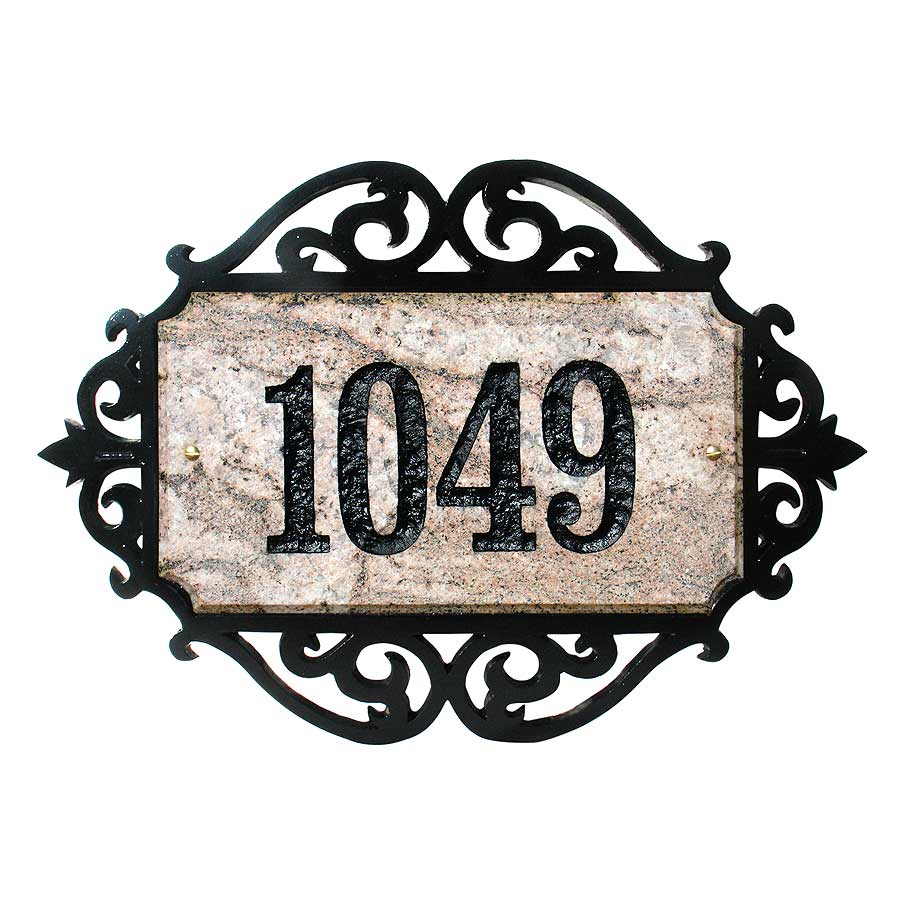 Solid Granite Address Plaque with Bronze Scroll Frame