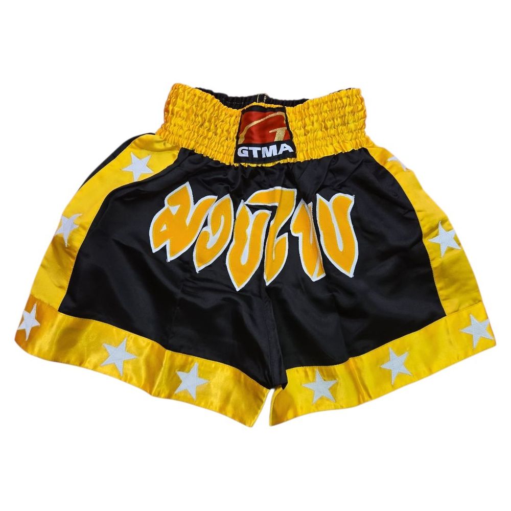 GTMA KICK BOXING SHORTS BLACK-YELLOW SMALL on sale $19.95