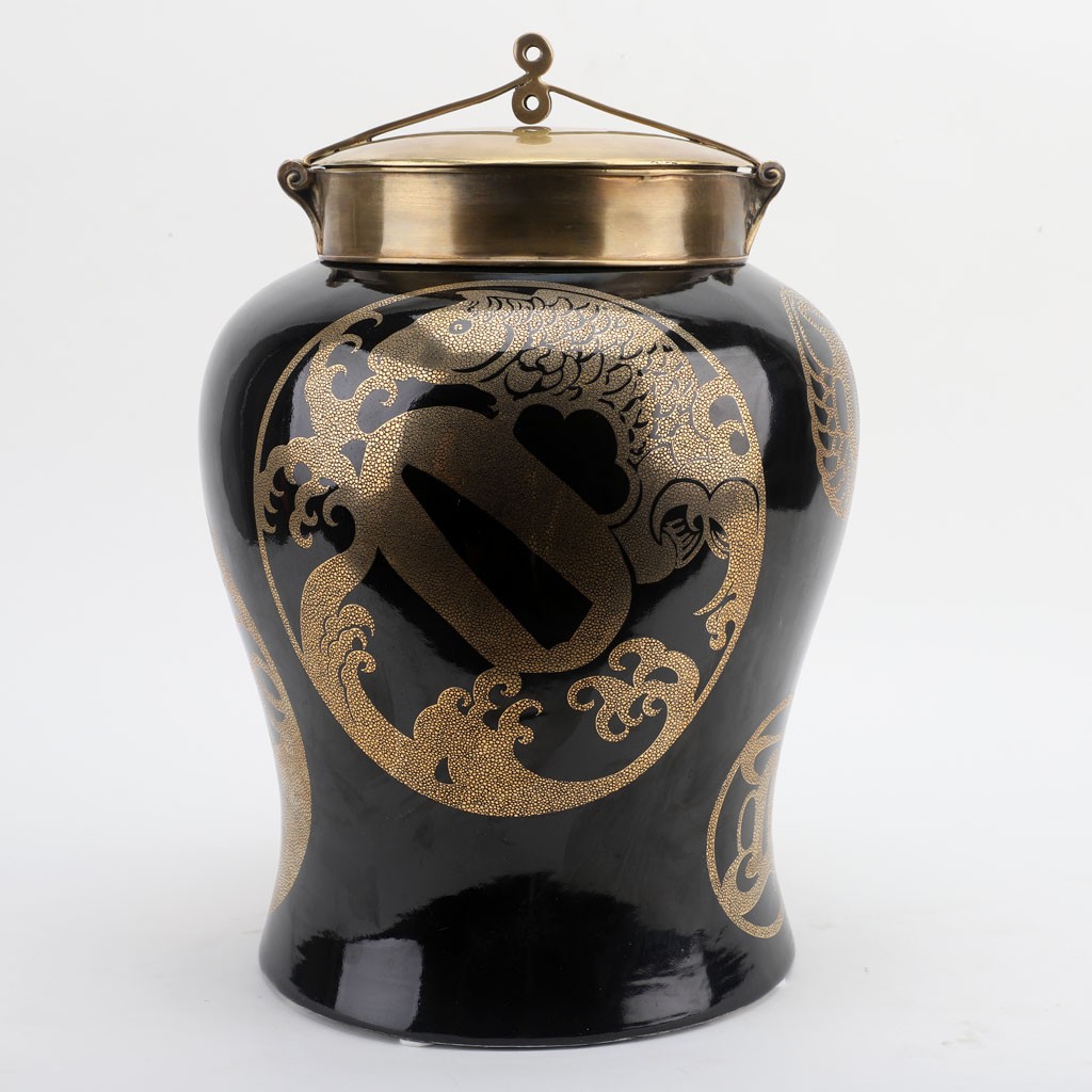 BLACK AND GOLD KOI FISH GINGER JAR WITH BRONZE ORMOLU LID