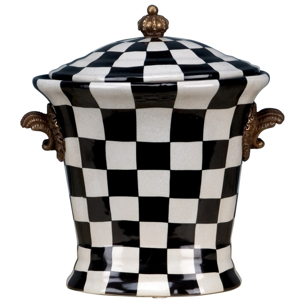 BLACK AND WHITE SQUARE CHECKERED PORCELAIN BOX WITH BRONZE