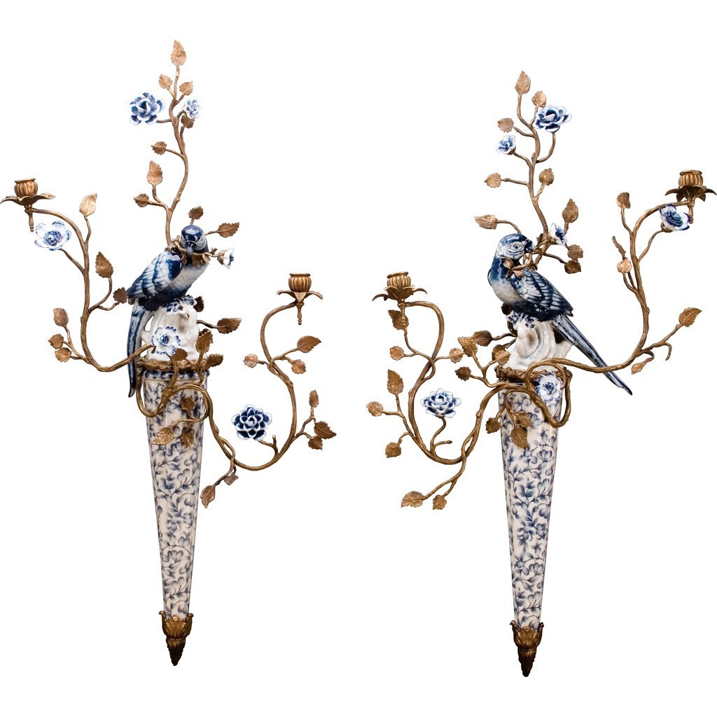BLUE AND WHITE PORCELAIN and bronze ormolu bird sconces