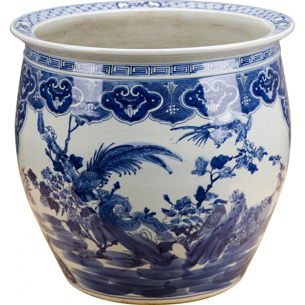 CHINESE ORIENTAL BLUE AND WHITE PORCELAIN BIRD PLANTER 16” x 16”