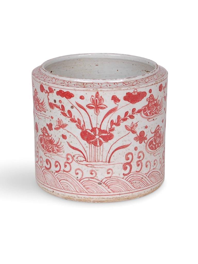 CHINESE ORIENTAL RUST RED PORCELAIN POND SCENE BEAKER POT PLANTER