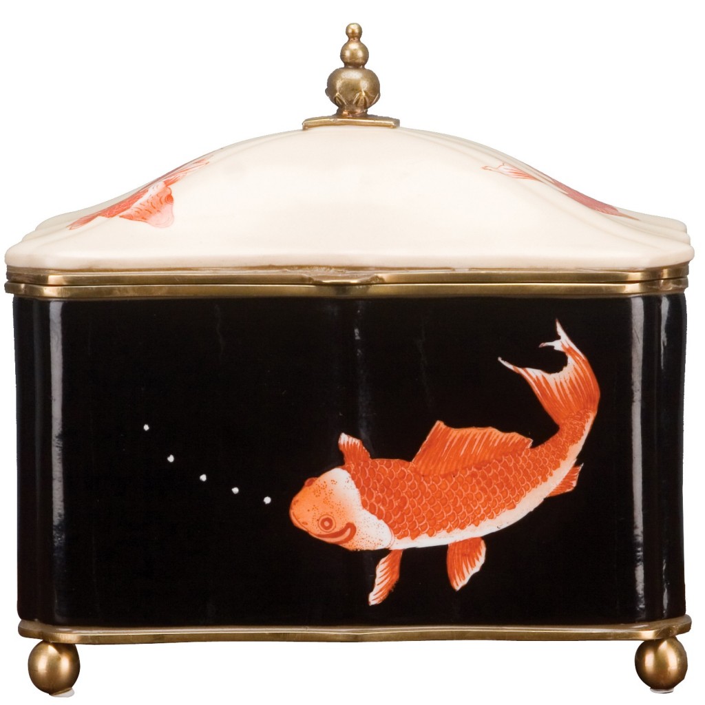 CHINESE PORCELAIN AND BRONZE ORMOLU KOI FISH BOX