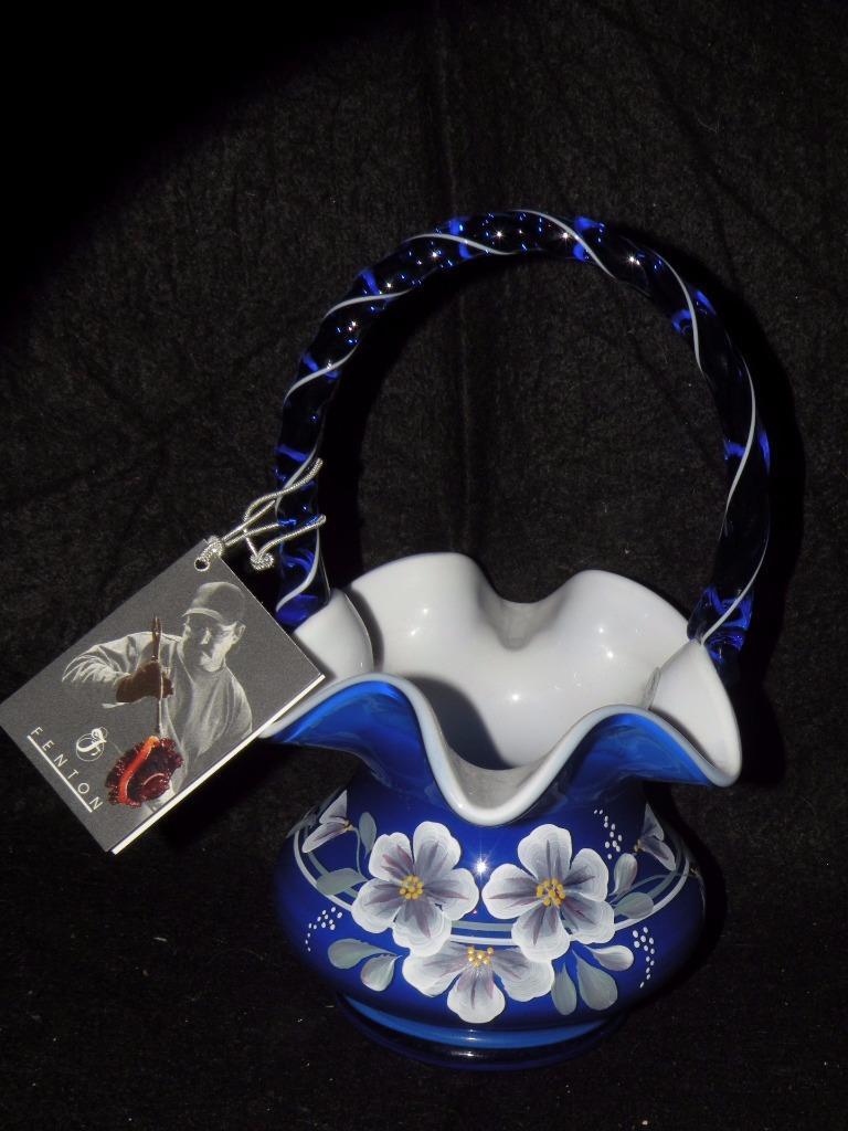 FENTON ART GLASS LEGACY COLLECTION COBALT HAND PAINTED BASKET