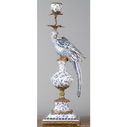 PORCELAIN AND BRONZE ORMOLU BLUE AND WHITE BIRD PARROT CANDLESTICK rig