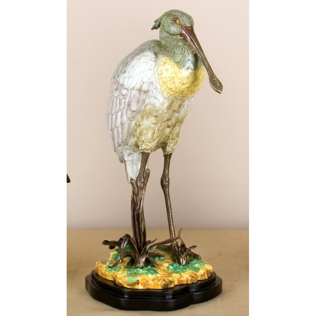PORCELAIN AND BRASS SPOONBILL BIRD FIGURINE STATUE