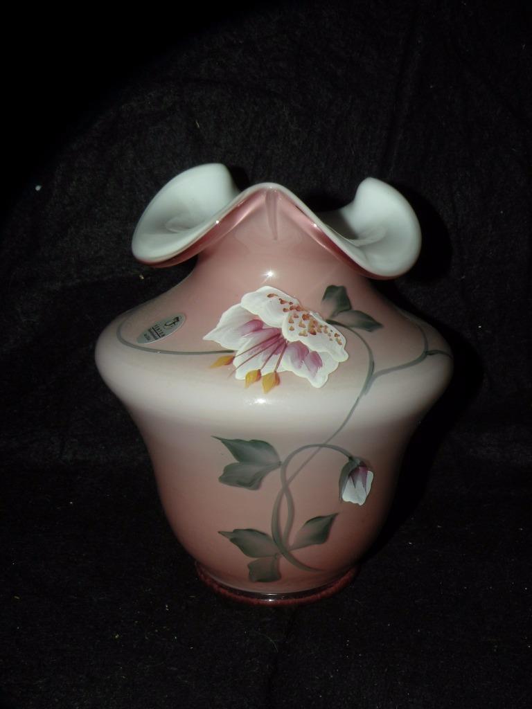 SIGNED DAN FENTON ART GLASS VASE DUSTY ROSE FLORAL