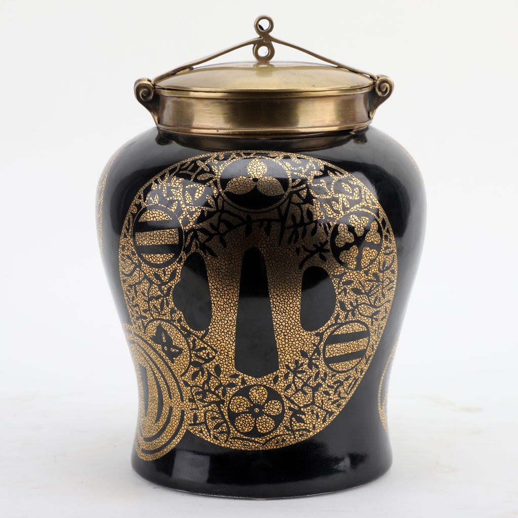 SMALL BLACK AND GOLD KOI FISH GINGER JAR WITH BRONZE ORMOLU LID