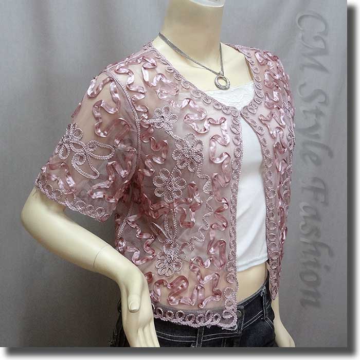 Applique Embroidery Mesh Bolero Top Pink