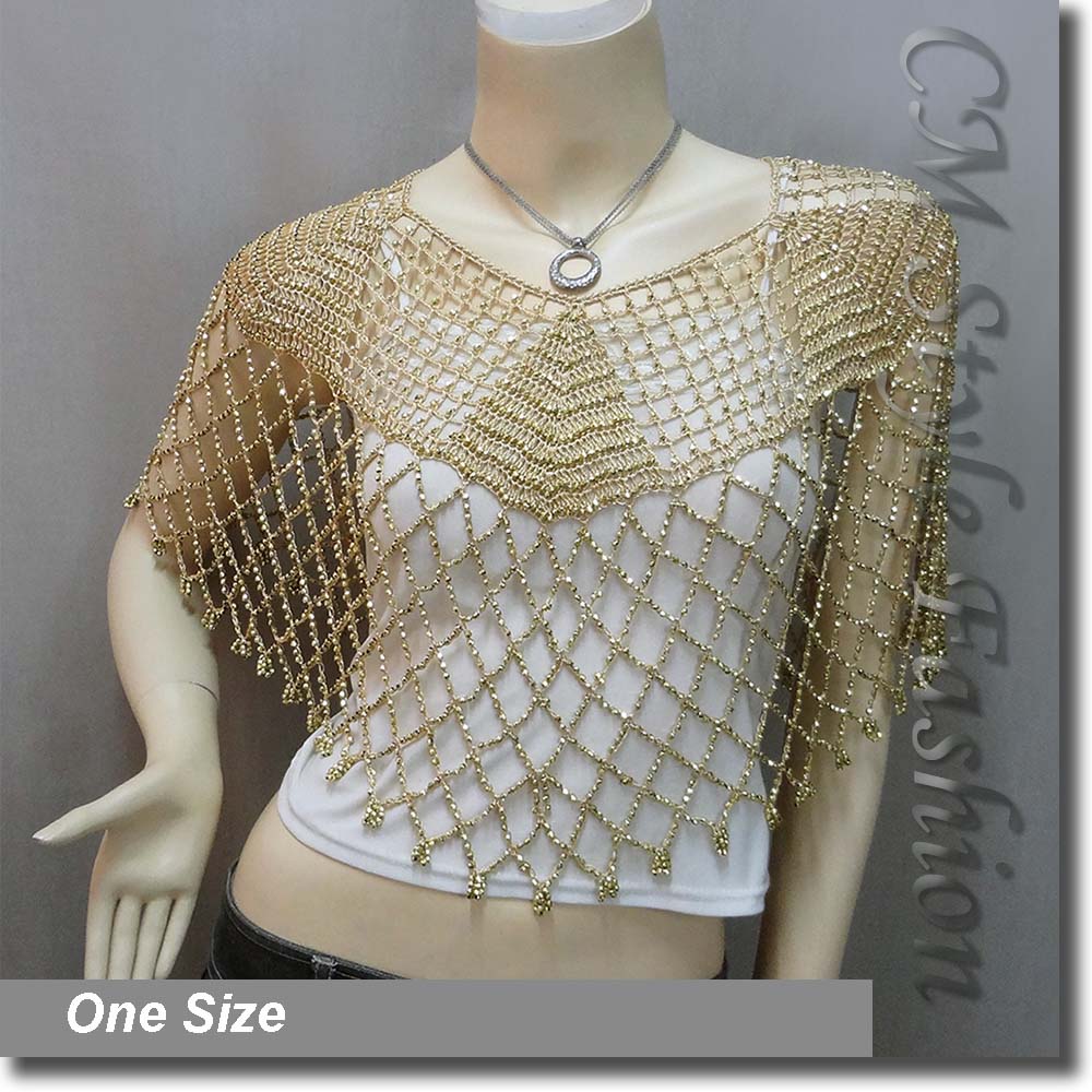 Beaded Party Wear Crochet Knit Net Poncho Wrap Cape Golden
