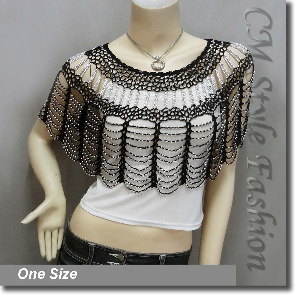 Beaded Party Wear Crochet Knit Net Poncho Wrap Cape Top Black