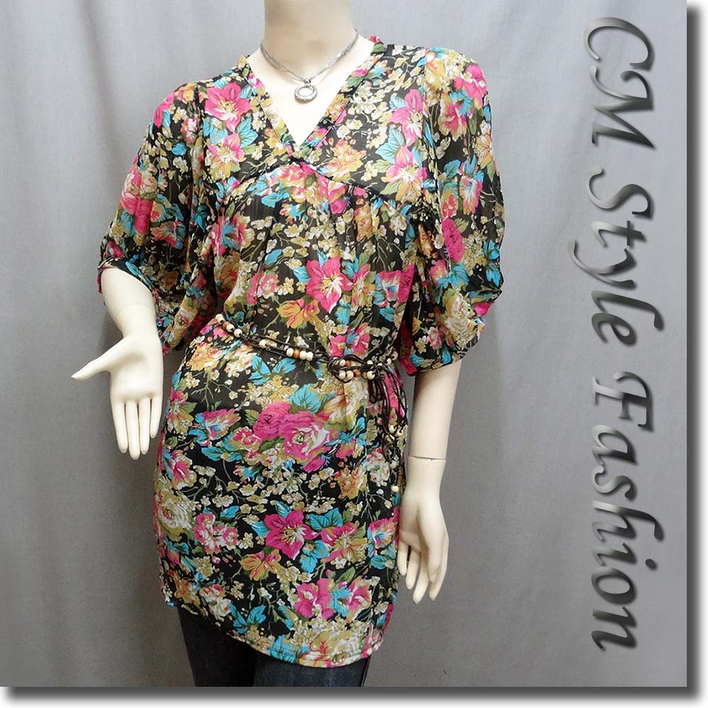 Bubble Puff Sleeves Floral Chiffon Frock Tunic Top with Beaded Belt