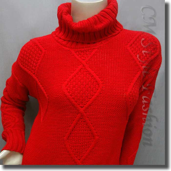 Cable Knit Fold Over Turtleneck Sweater Jumper Top Red