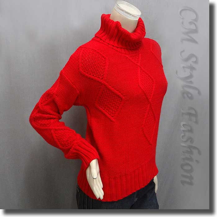 Cable Knit Fold Over Turtleneck Sweater Jumper Top Red