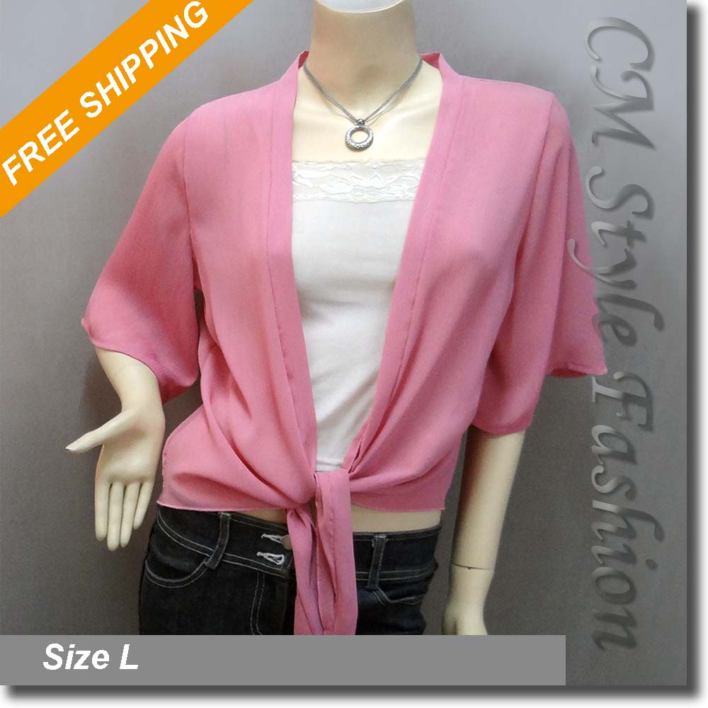 Chic Front Tie Shrug Cropped Bolero Topper Cardigan Pink