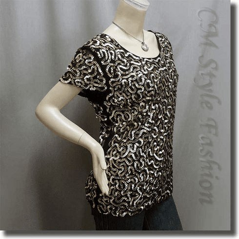 Chic Sequined Embroidery Fashion Blouse Top Black Golden