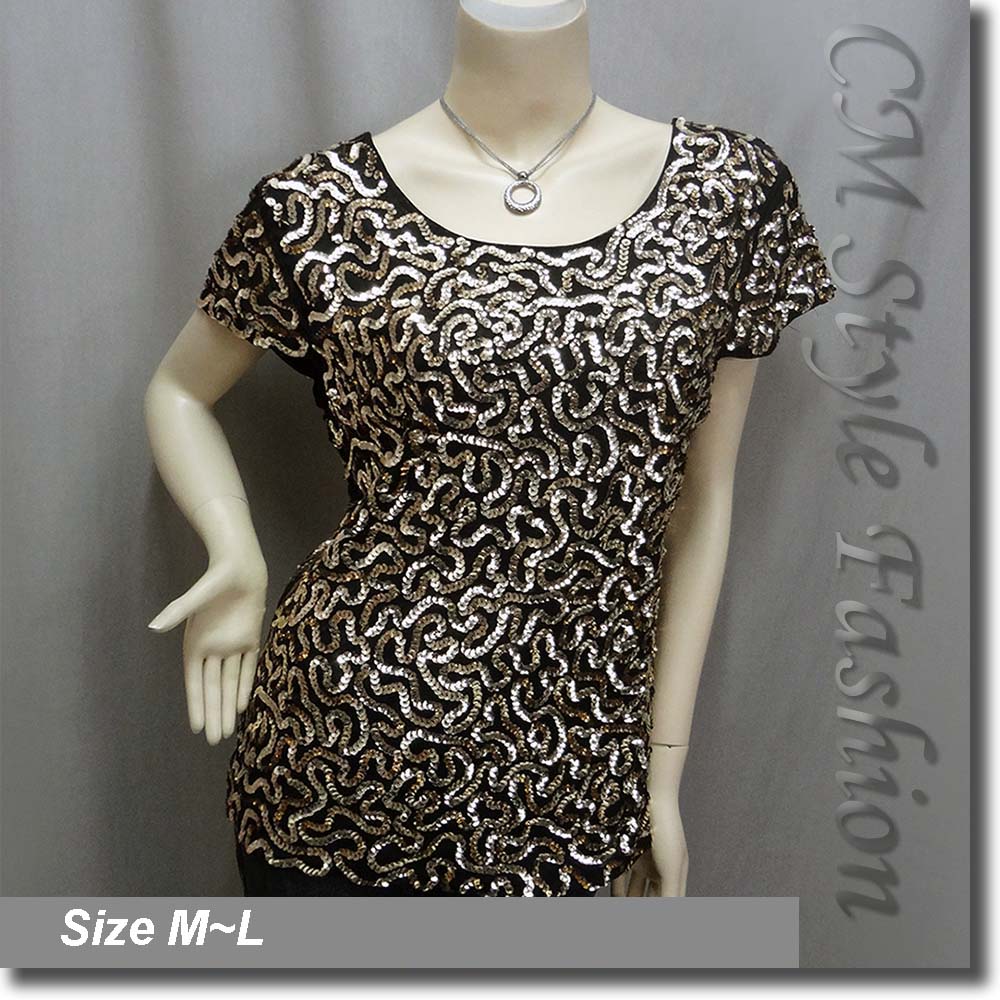 Chic Sequined Embroidery Fashion Blouse Top Black Golden