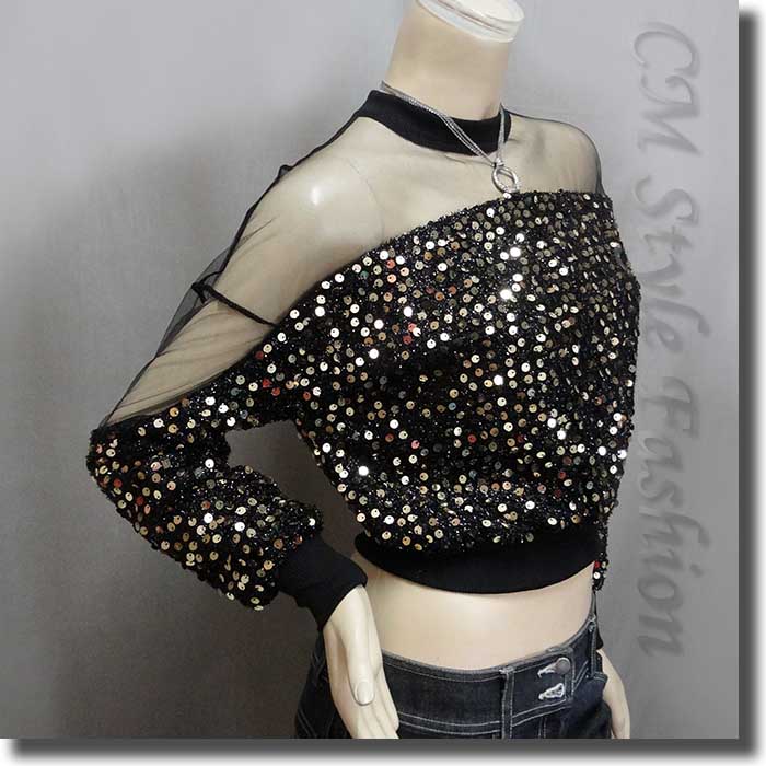 Chic Sequined Sheer Shoulder Sleeve Blouse Top Black Golden