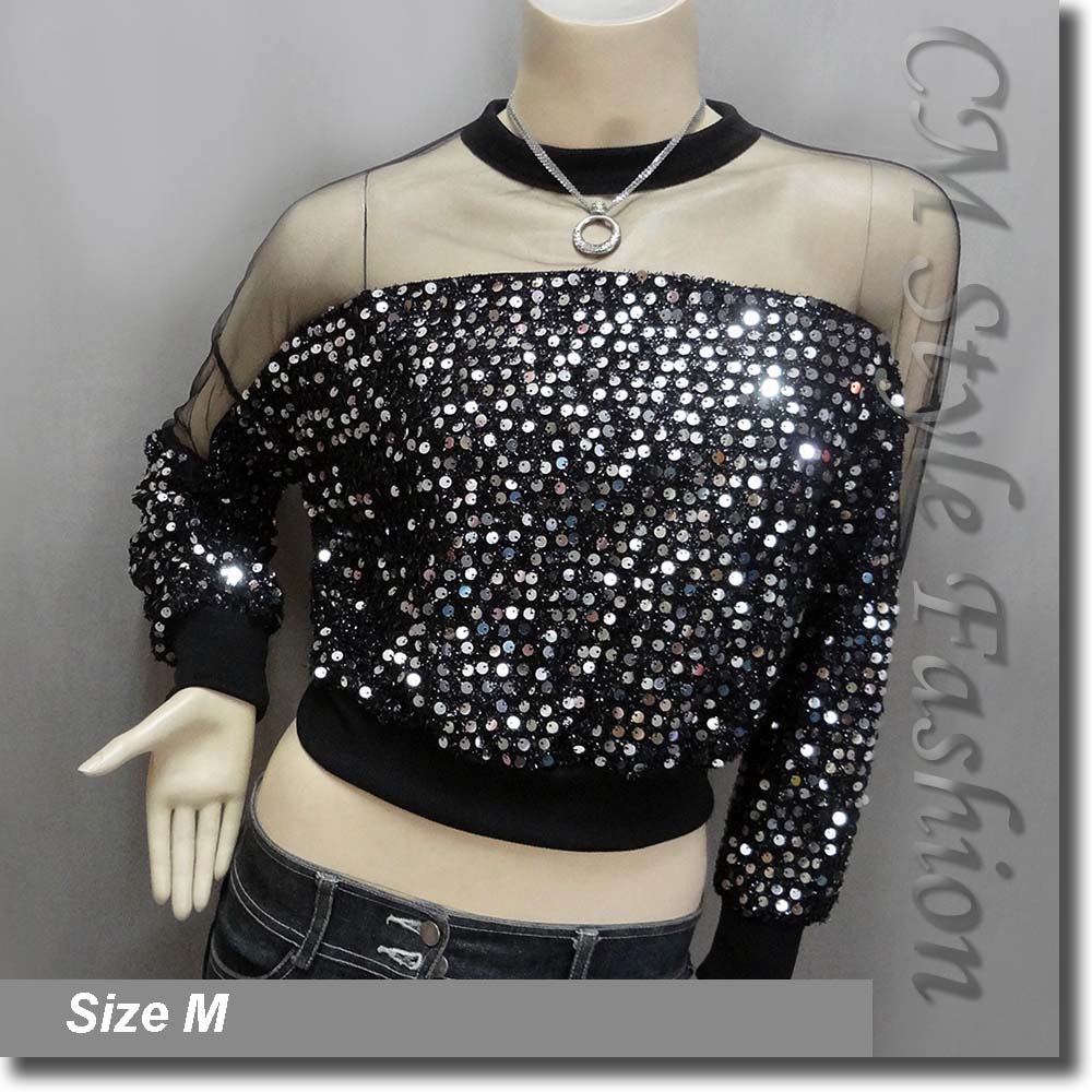 Chic Sequined Sheer Shoulder Sleeve Blouse Top Black Silvery