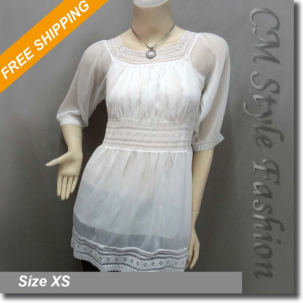 Chic Sheer Lace Trimmed Chiffon Tunic Top White