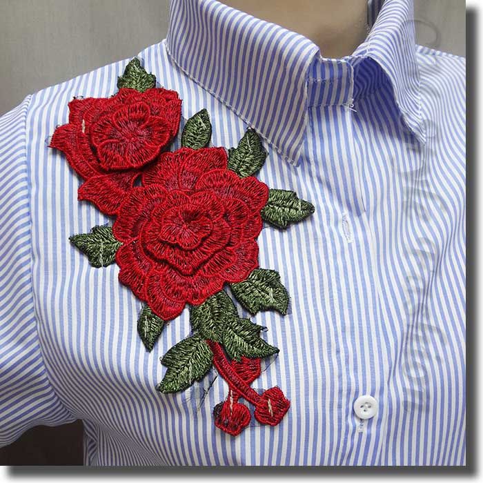 Chic Stripey Floral Applique Blouse Shirt Top Blue White