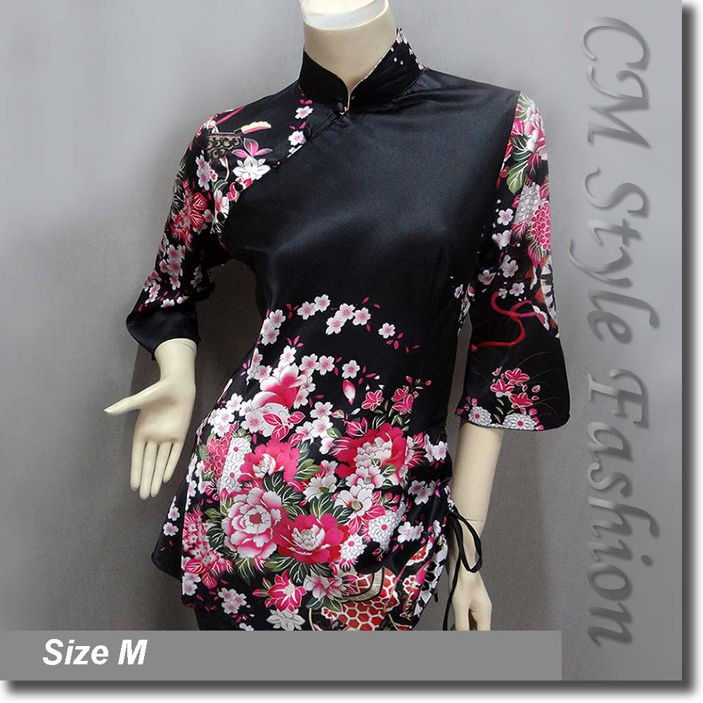 Chinese Cheong Sam Floral Satin Tunic Top Black