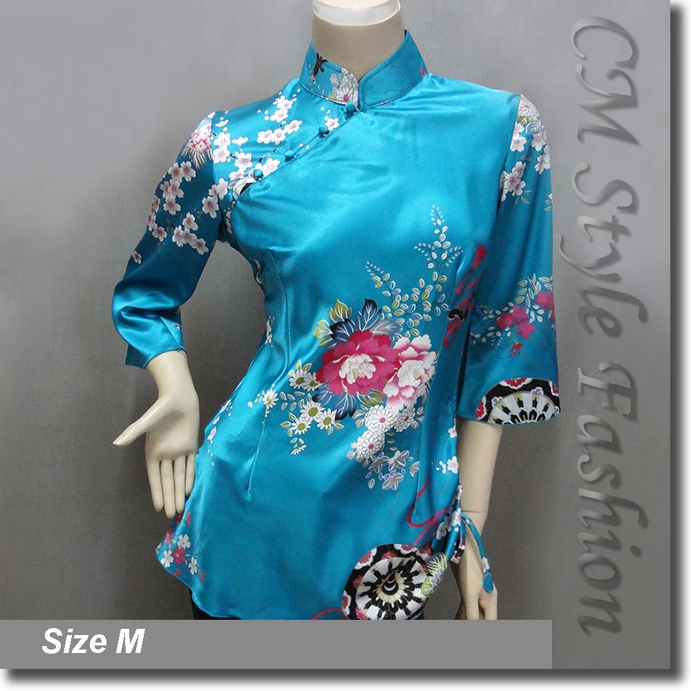 Chinese Cheongsam Qipao Floral Satin Tunic Top Blue