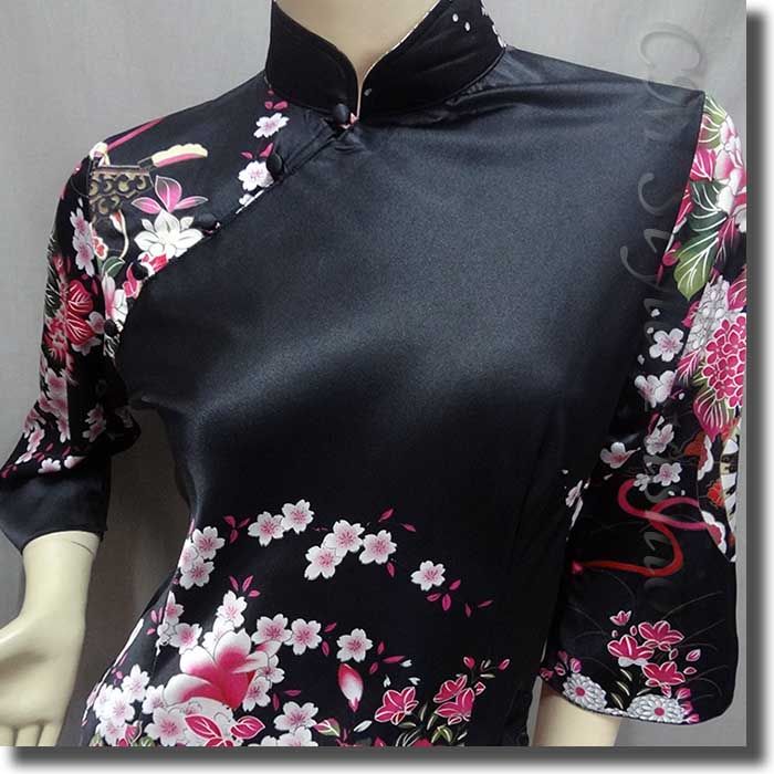 Chinese Cheong Sam Floral Satin Tunic Top Black