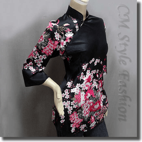 Chinese Cheong Sam Floral Satin Tunic Top Black