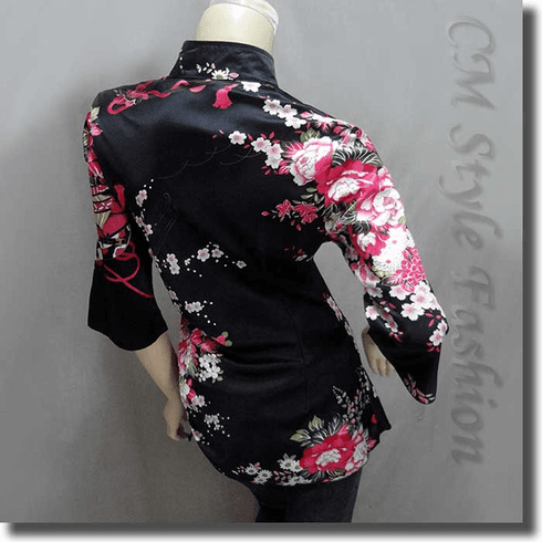 Chinese Cheong Sam Floral Satin Tunic Top Black