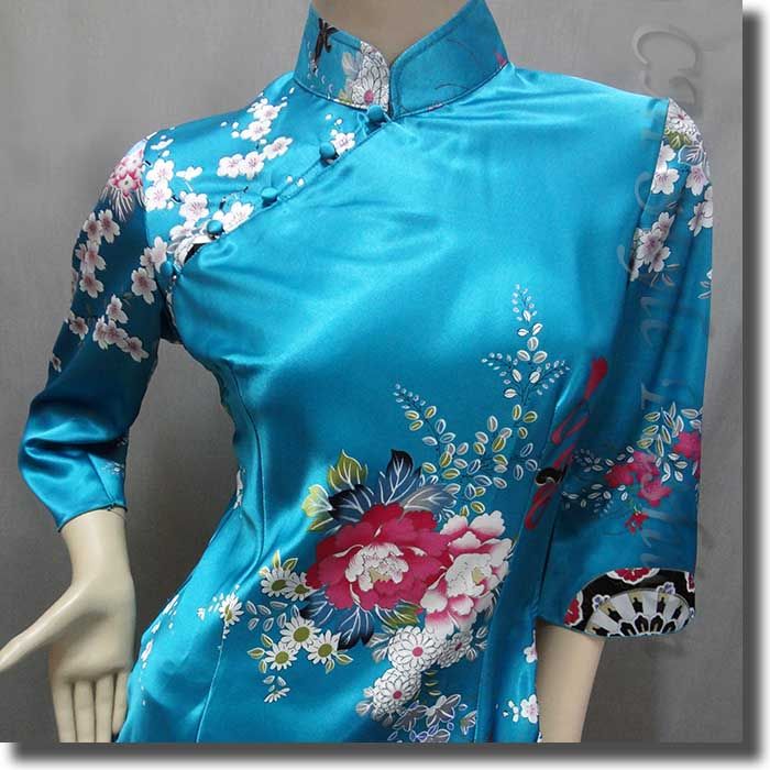 Chinese Cheongsam Qipao Floral Satin Tunic Top Blue