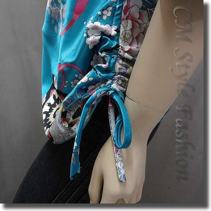 Chinese Cheongsam Qipao Floral Satin Tunic Top Blue