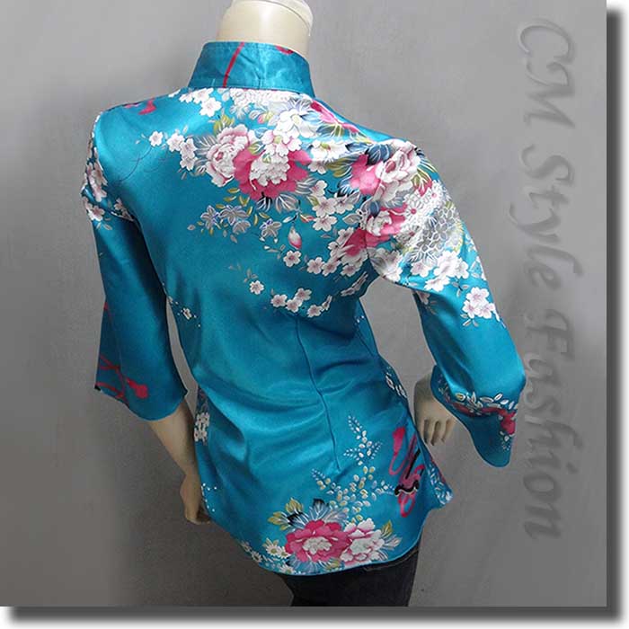 Chinese Cheongsam Qipao Floral Satin Tunic Top Blue
