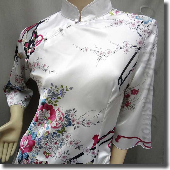 Chinese Cheongsam Qipao Floral Satin Tunic Top White