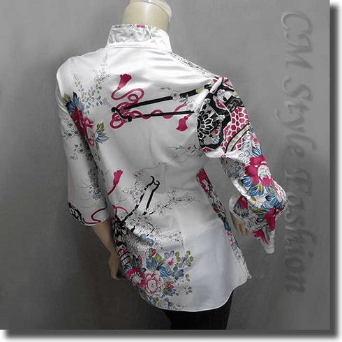 Chinese Cheongsam Qipao Floral Satin Tunic Top White