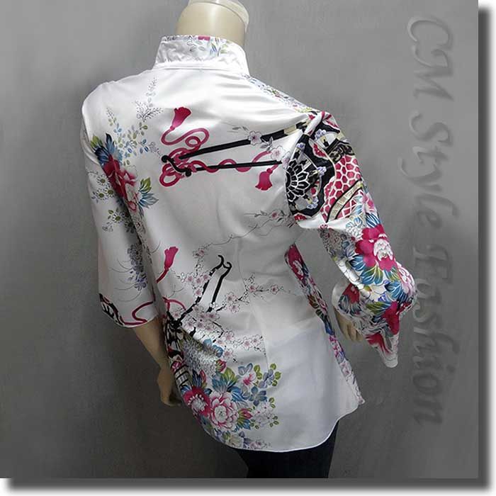 Chinese Cheongsam Qipao Floral Satin Tunic Top White