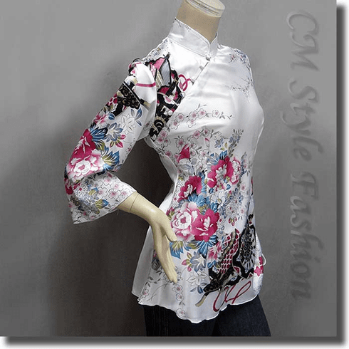 Chinese Cheongsam Qipao Floral Satin Tunic Top White
