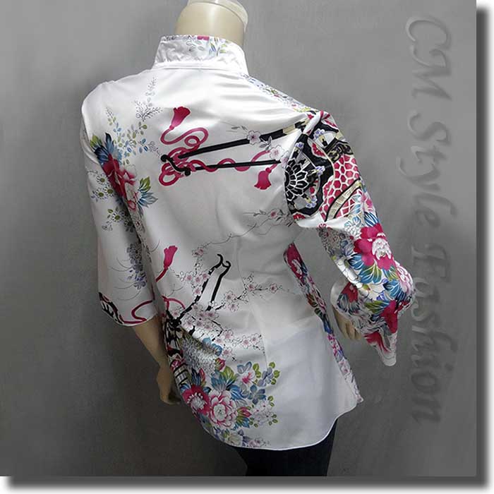 Chinese Cheongsam Qipao Floral Satin Tunic Top White