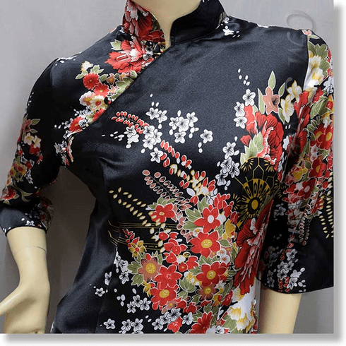 Chinese Cheongsam Qipao Floral Silky Satin Tunic Top Black