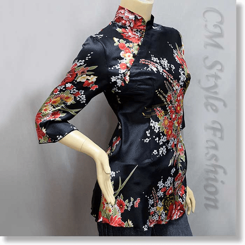Chinese Cheongsam Qipao Floral Silky Satin Tunic Top Black