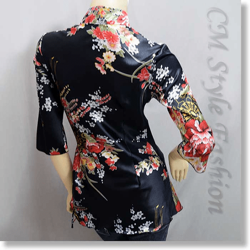 Chinese Cheongsam Qipao Floral Silky Satin Tunic Top Black