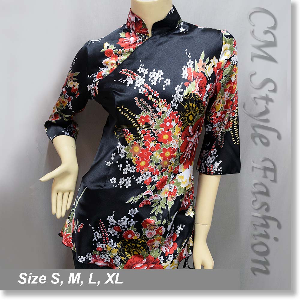 Chinese Cheongsam Qipao Floral Silky Satin Tunic Top Black